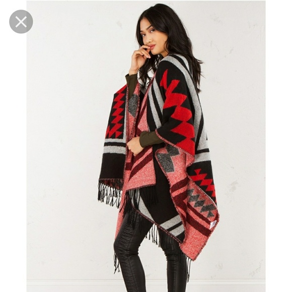 AKIRA | Sweaters | Akira Wayne Fringe Poncho In Black White Red | Poshmark